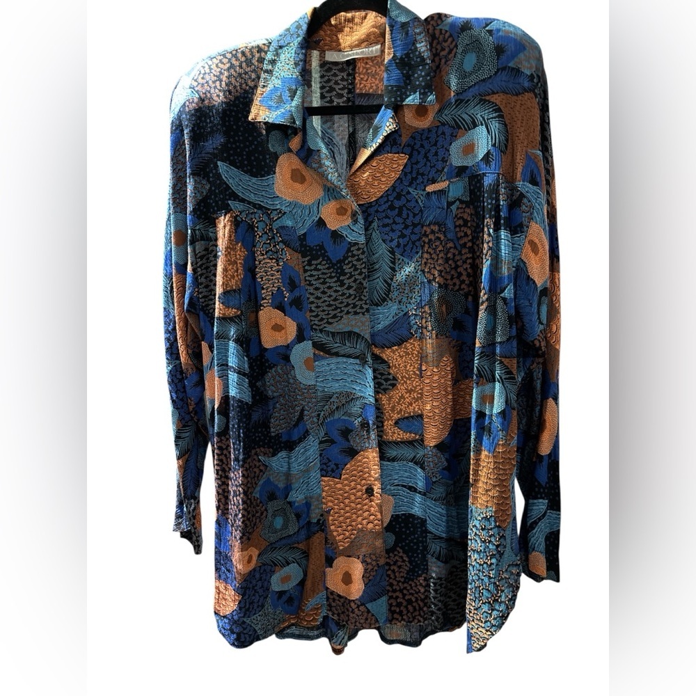 Elegant Blue And Orange Patterned Button Down Shirt - Gem